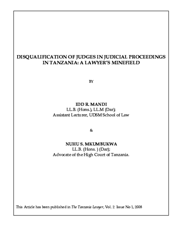 (PDF) DISQUALIFICATION OF JUDGES IN JUDICIAL PROCEEDINGS IN TANZANIA: A ...