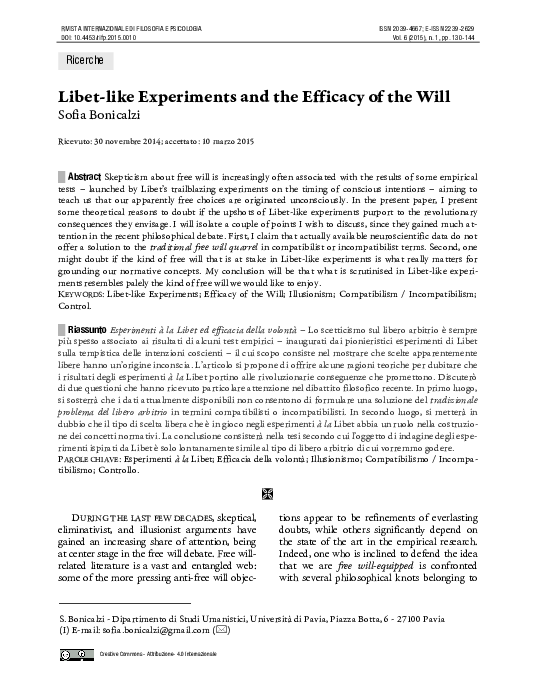 (PDF) Libet-like Experiments and the Efficacy of the Will