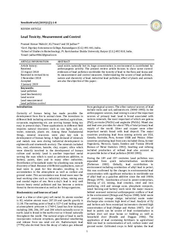 (PDF) Lead Toxicity, Measurement and Control