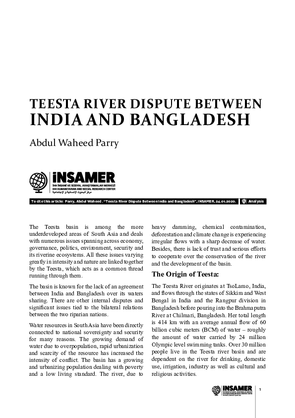 (PDF) Teesta River Dispute Between India and Bangladesh