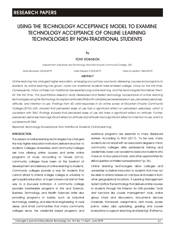 (PDF) Using the Technology Acceptance Model to Examine Technology ...