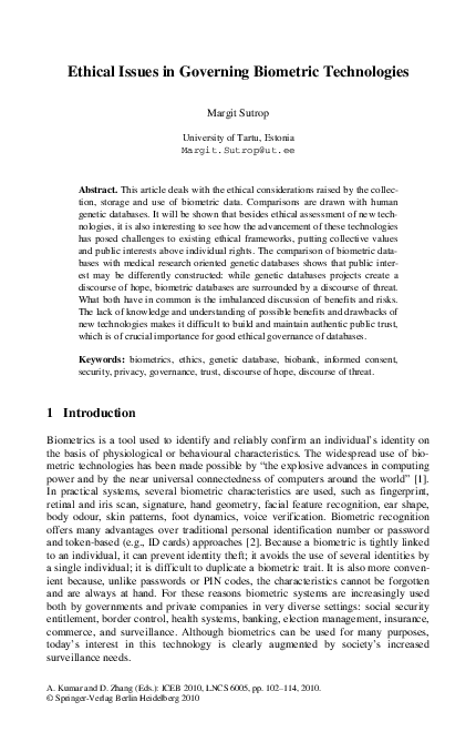 (PDF) Ethical issues in governing biometric technologies | Margit ...