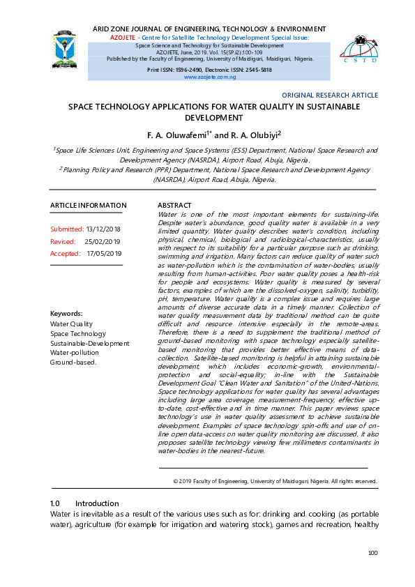 (PDF) SPACE TECHNOLOGY APPLICATIONS FOR WATER QUALITY IN SUSTAINABLE ...