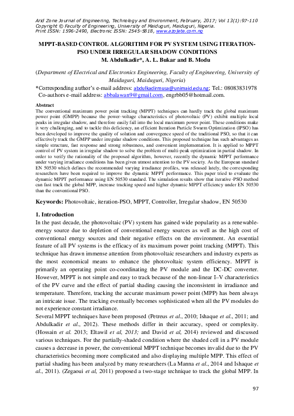 Pdf Mppt Based Control Algorithm For Pv System Using Iteration Pso