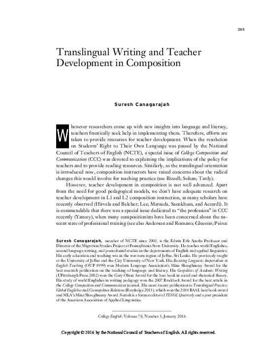 (PDF) Translingual Writing and Teacher Development in Composition