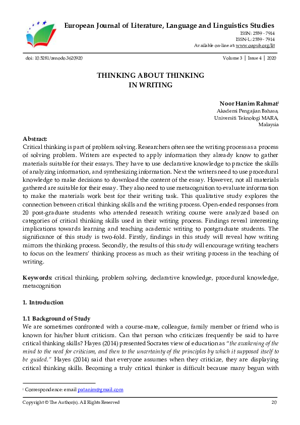 (PDF) THINKING ABOUT THINKING IN WRITING