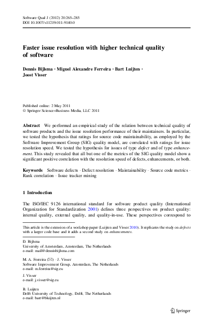 (PDF) Faster issue resolution with higher technical quality of software