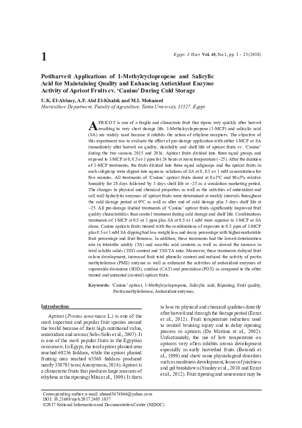 (PDF) Postharvest Applications of 1-Methylcyclopropene and Salicylic Acid for Maintaining ...