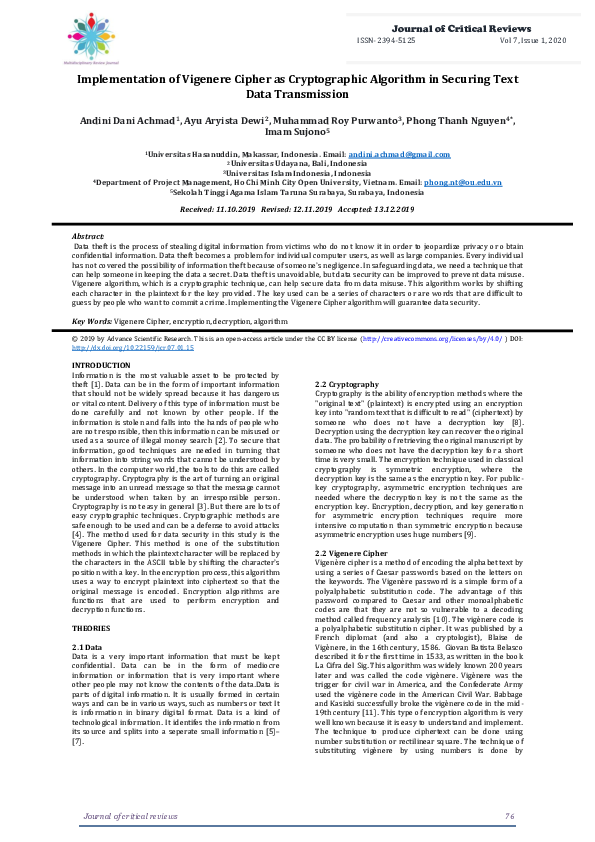 (PDF) Implementation of Vigenere Cipher as Cryptographic Algorithm in Securing Text Data ...
