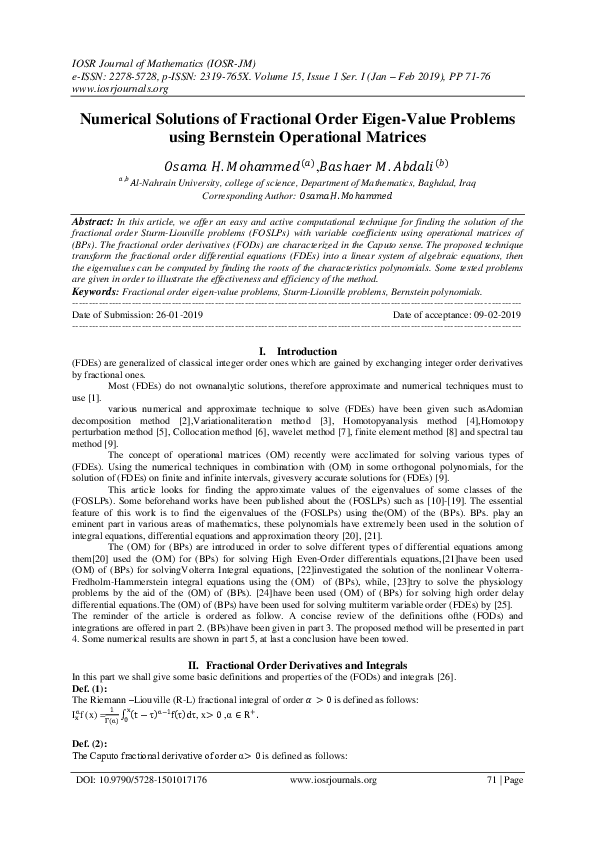 Pdf Numerical Solutions Of Fractional Order Eigen Value Problems Using Bernstein Operational