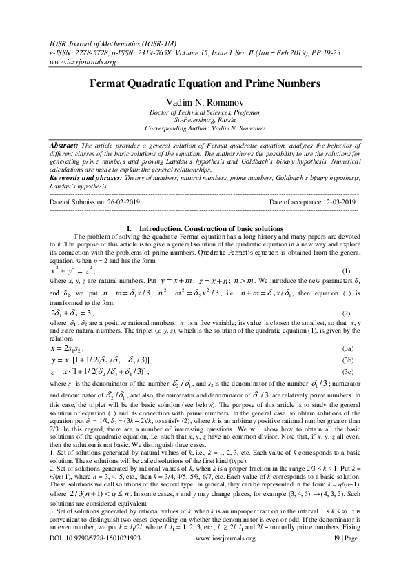 (PDF) Fermat Quadratic Equation and Prime Numbers