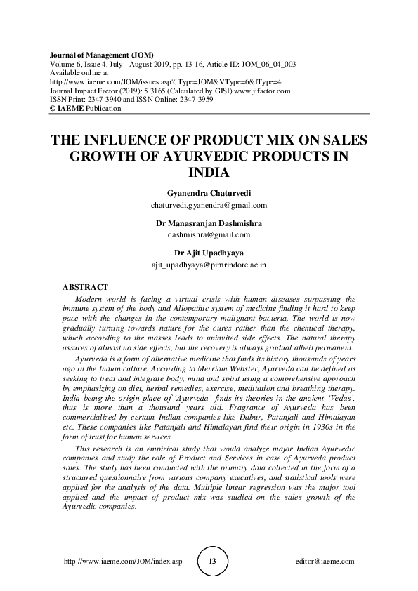 (PDF) The Influence of Product Mix on Sales Growth of Ayurvedic ...