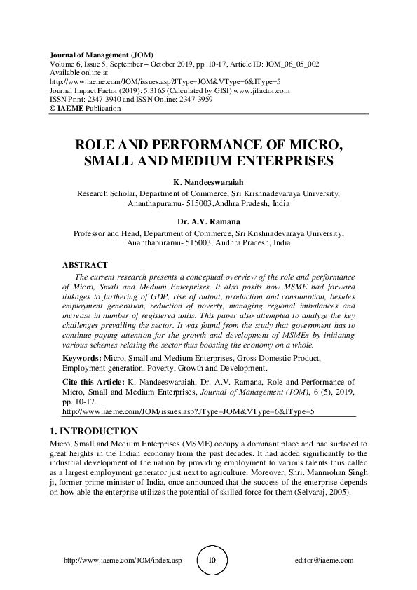 (PDF) ROLE AND PERFORMANCE OF MICRO, SMALL AND MEDIUM ENTERPRISES