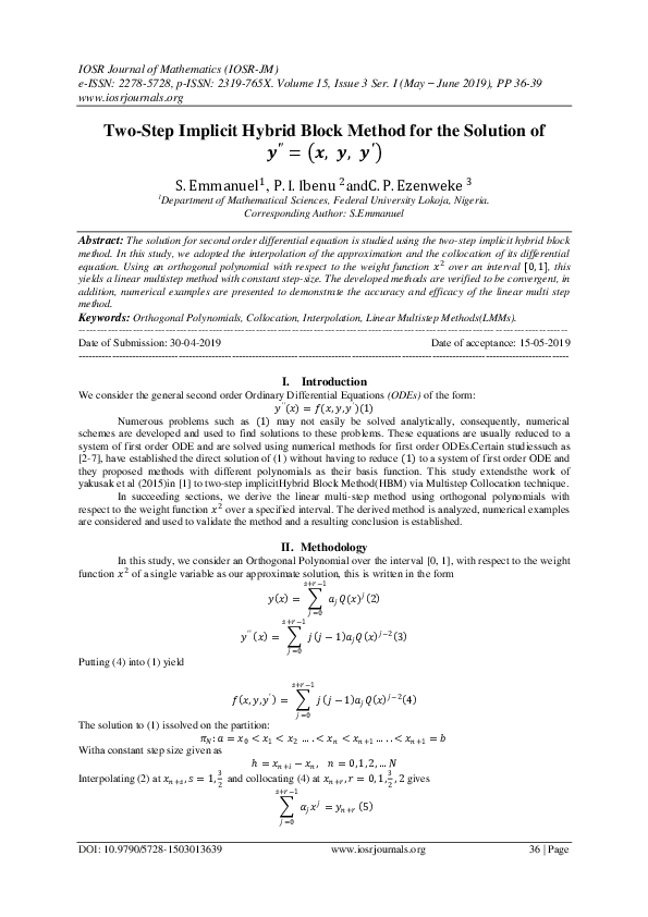 Pdf Two Step Implicit Hybrid Block Method For The Solution Of 𝒚 ′′ 𝒙 𝒚 𝒚 ′
