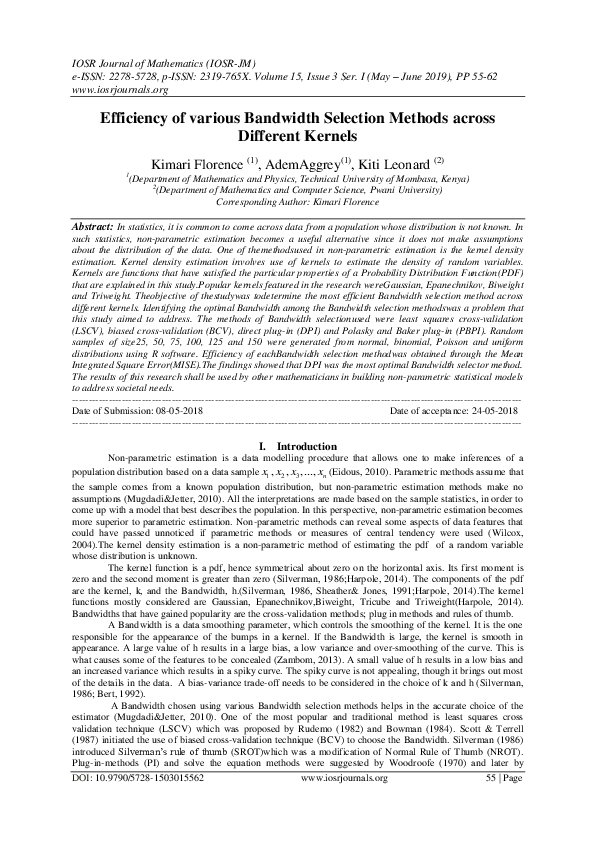Pdf Efficiency Of Various Bandwidth Selection Methods Across Different Kernels