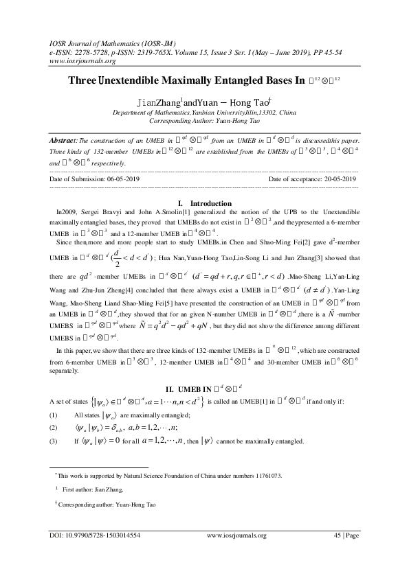 Pdf Three Unextendible Maximally Entangled Bases In