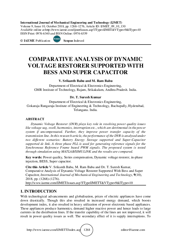 (PDF) Comparative Analysis of Dynamic Voltage Restorer Supported With Bess and Super Capacitor