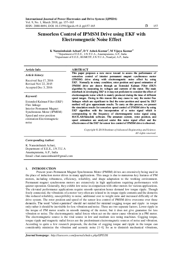 Pdf Sensorless Control Of Ipmsm Drive Using Ekf With Electromegnetic Noise Effect Venkat T