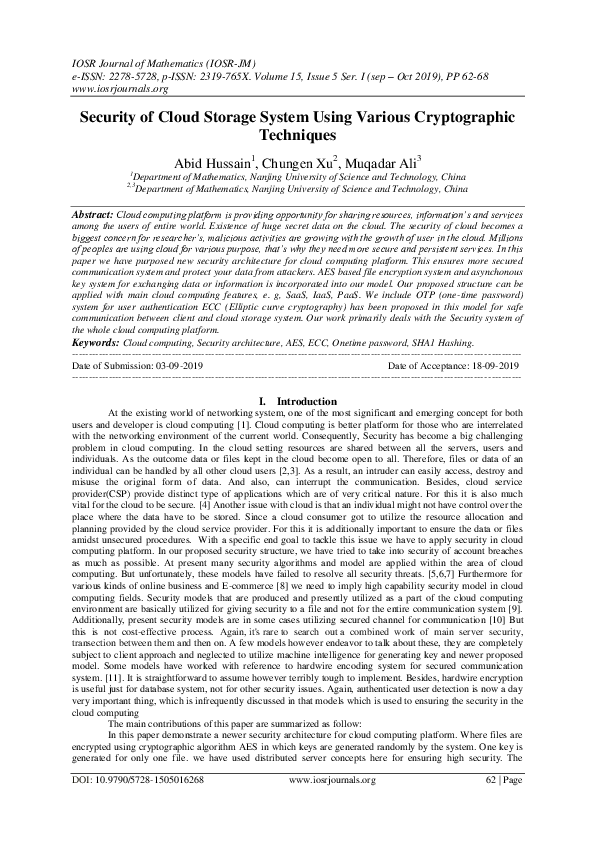 (PDF) Security of Cloud Storage System Using Various Cryptographic Techniques