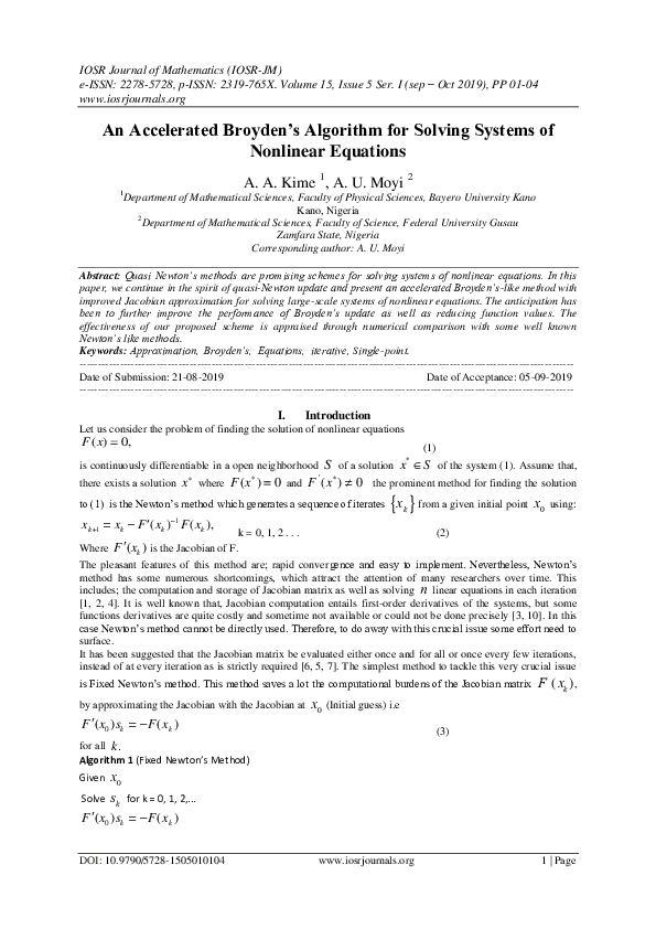 Pdf An Accelerated Broydens Algorithm For Solving Systems Of