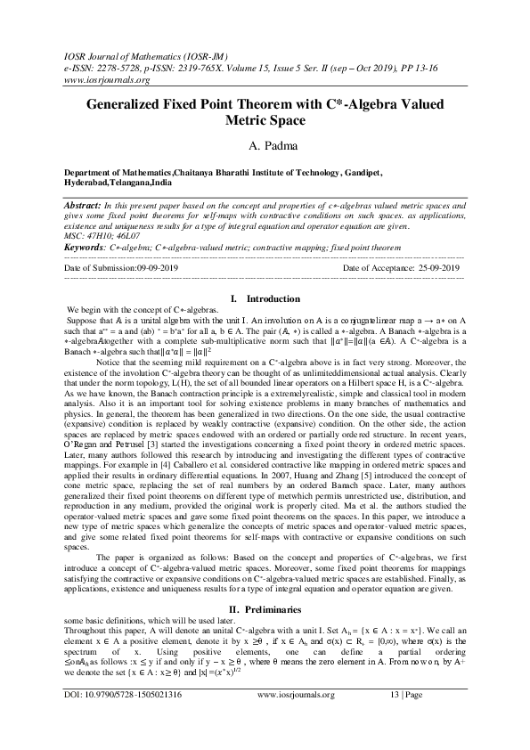 Pdf Generalized Fixed Point Theorem With C Algebra Valued Metric Space