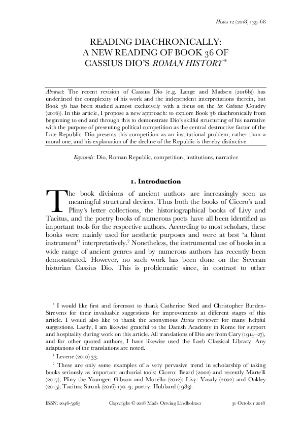(PDF) Reading Diachronically: A New Reading of Book 36 of Cassius Dio’s ...