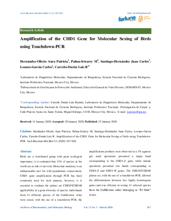 (PDF) Amplification of the CHD1 Gene for Molecular Sexing of birds ...