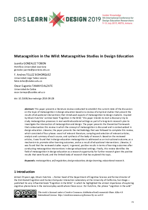 (PDF) Metacognition in the Wild: Metacognitive Studies in Design Education