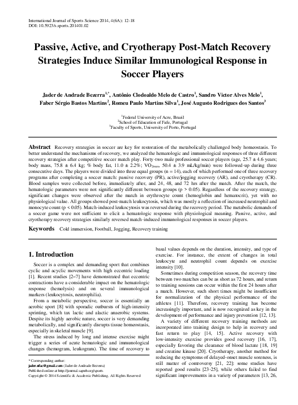 (PDF) Passive, Active, and Cryotherapy Post-Match Recovery Strategies ...