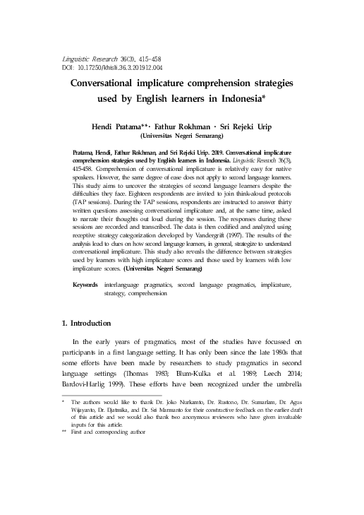 (PDF) Conversational implicature comprehension strategies used by English learners in Indonesia