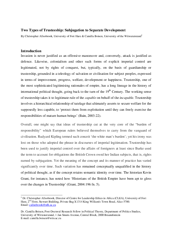 (PDF) Two Types of Trusteeship: Subjugation to Separate Development