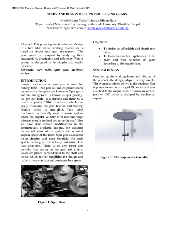 (PDF) STUDY AND DESIGN OF TURN TABLE USING GEAR