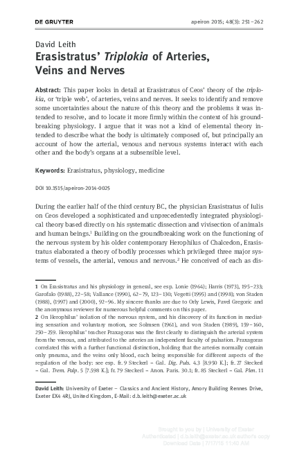 (PDF) Erasistratus' Triplokia of Arteries, Veins and Nerves