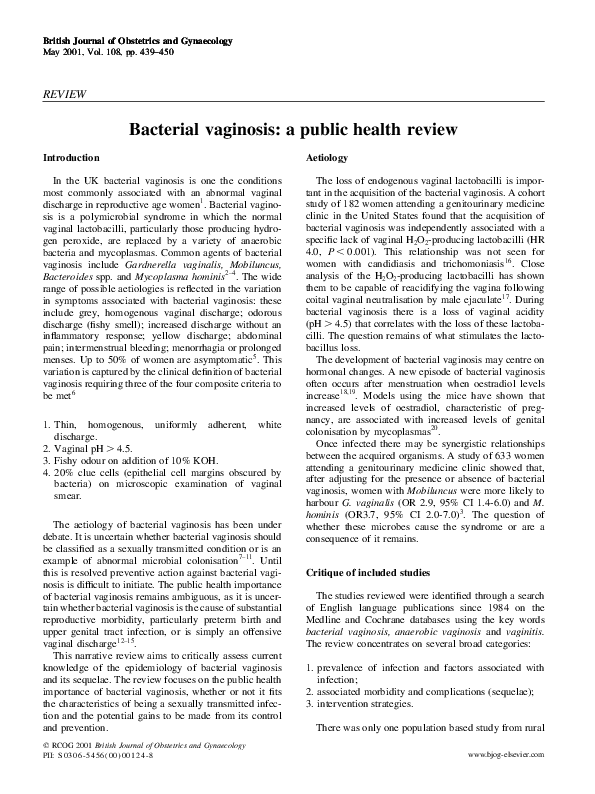(PDF) Bacterial vaginosis: a public health review Introduction