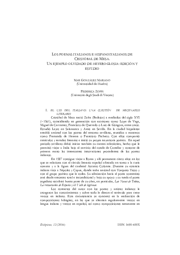 (PDF) LOS POEMAS ITALIANOS E HISPANOITALIANOS DE CRISTÓBAL DE MESA. UN EJEMPLO OLVIDADO DE ...