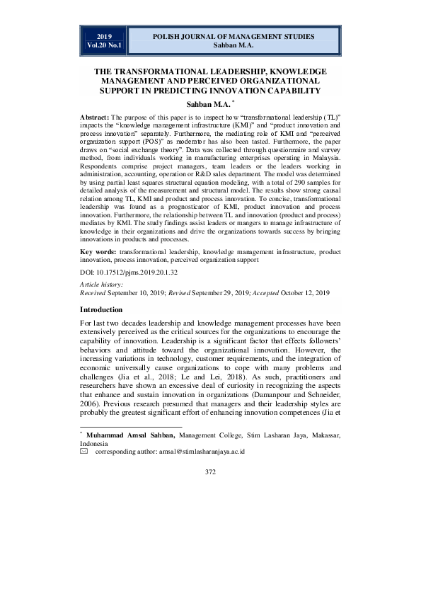 (PDF) The Transformational Leadership, Knowledge Management and Perceived Organizational Support ...