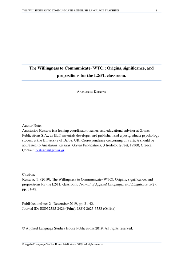 (DOC) The Willingness to Communicate (WTC): Origins, significance, and propositions for the L2 ...