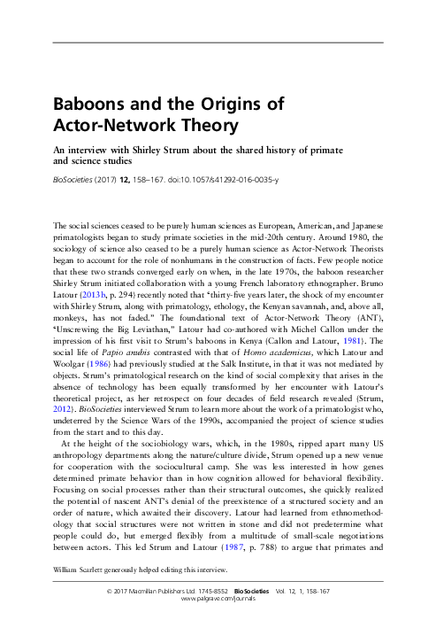 (PDF) Baboons and the Origins of Actor-Network Theory: An interview ...