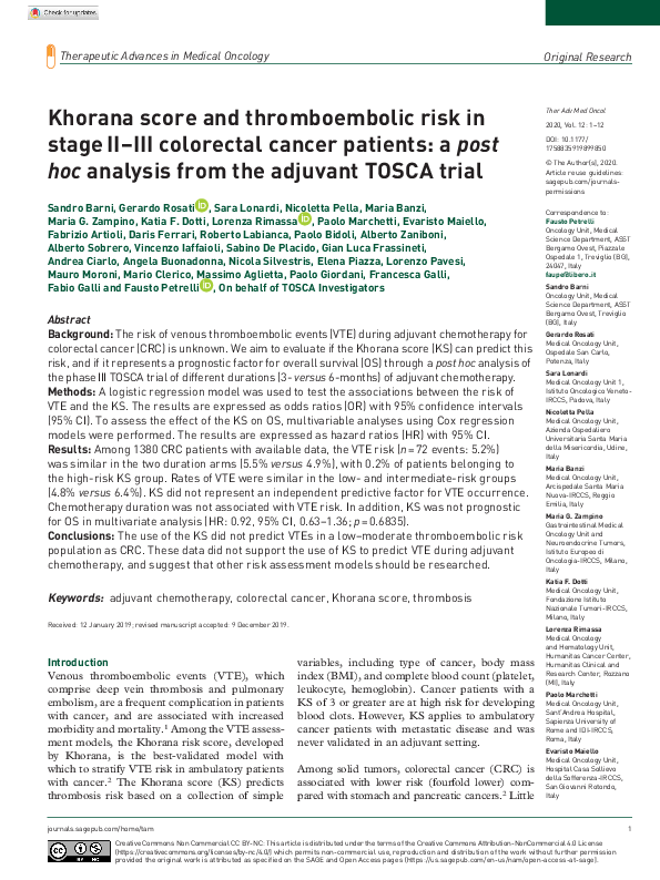 (PDF) khorana score and thromboembolic risk in stage II-III colorectal ...