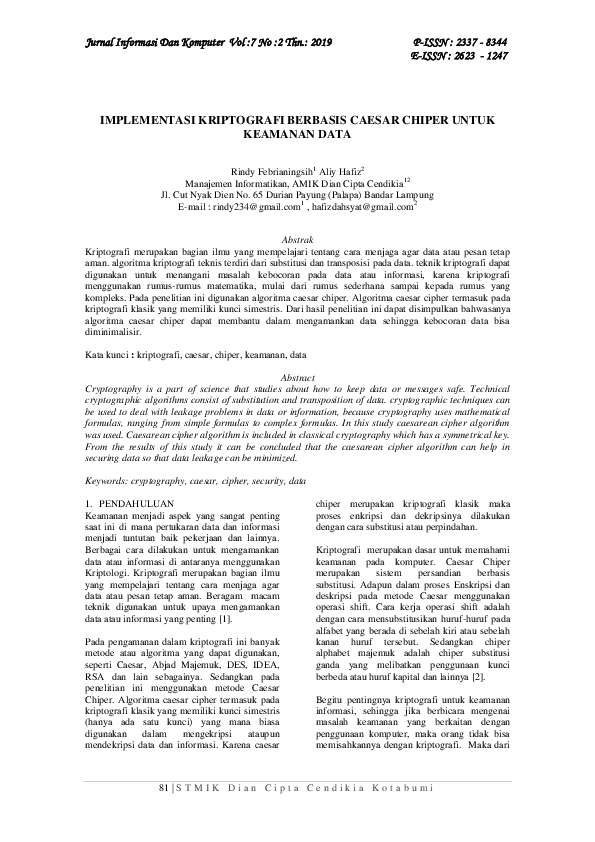 (PDF) IMPLEMENTASI KRIPTOGRAFI BERBASIS CAESAR CHIPER UNTUK KEAMANAN DATA