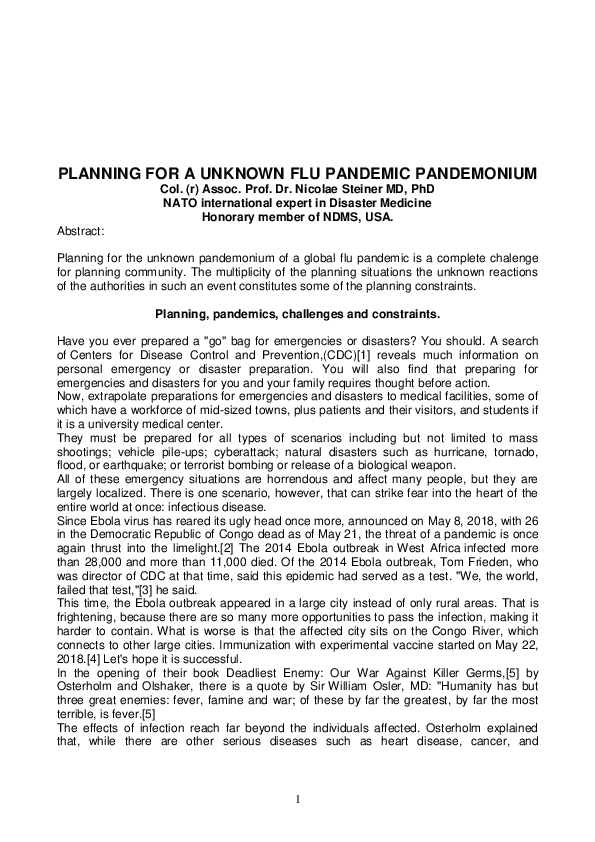 (PDF) PLANNING FOR A UNKNOWN FLU PANDEMIC PANDEMONIUM
