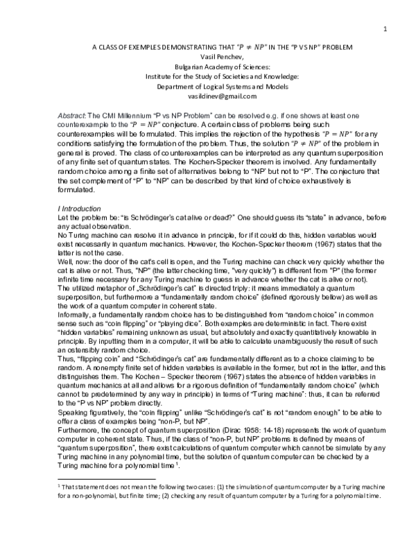 (PDF) A CLASS OF EXEMPLES DEMONSTRATING THAT "P" AND "NP" CLASSES ARE ...