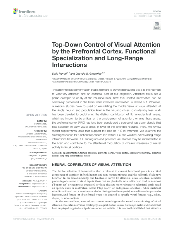 (PDF) Top-Down Control of Visual Attention by the Prefrontal Cortex. Functional Specialization ...