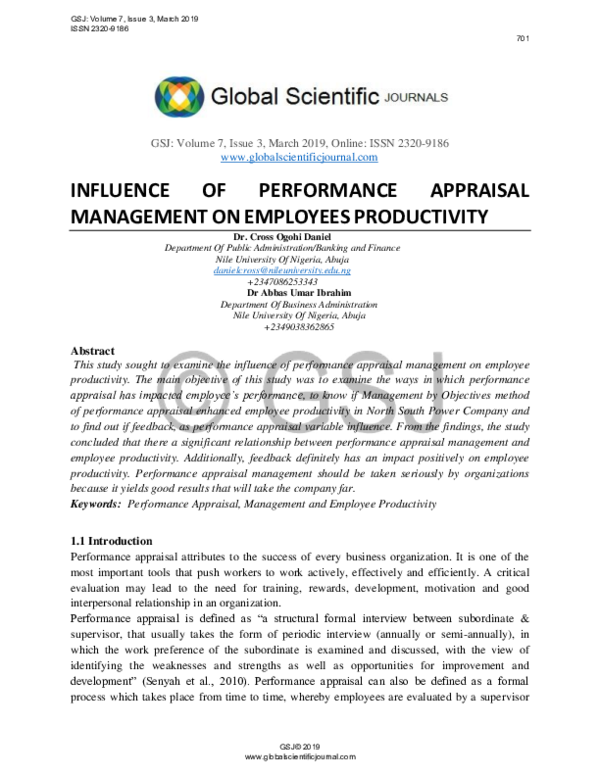 Pdf Influence Of Performance Appraisal Management On Employees Productivity