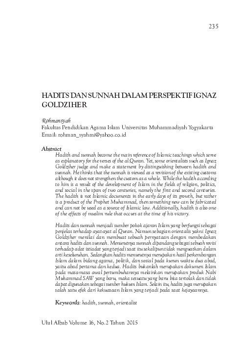 (PDF) Hadits dan Sunnah dalam Perspektif Ignaz Goldziher