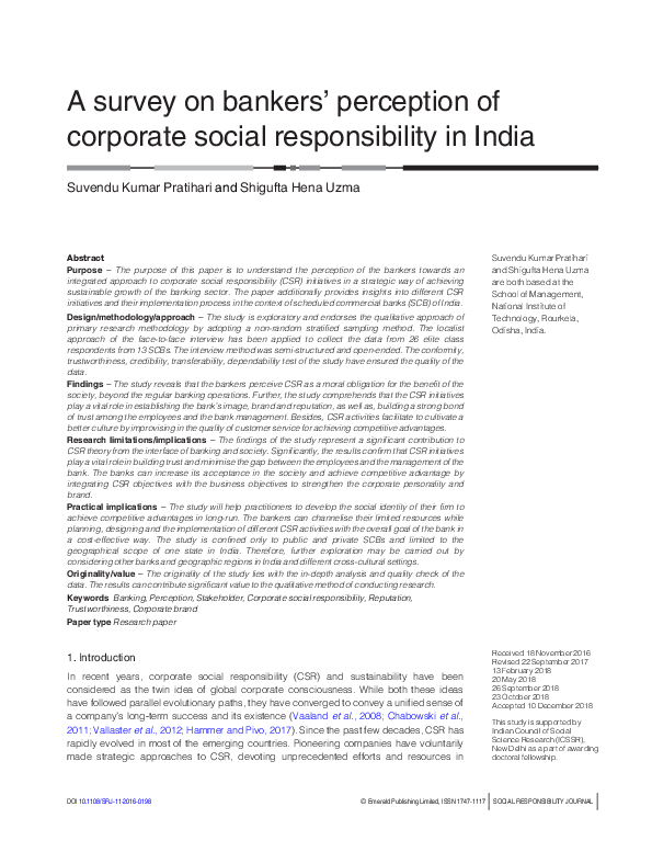 (PDF) A survey on bankers' perception of corporate social ...
