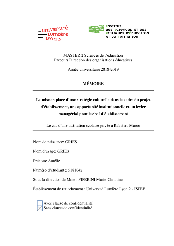 (PDF) Mémoire " Direction des organisations éducatives