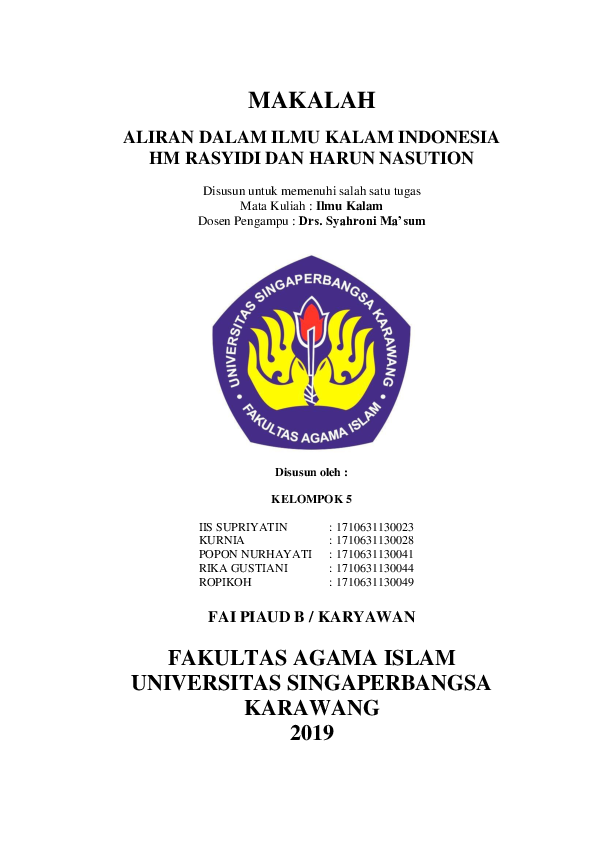 (DOC) MAKALAH ALIRAN DALAM ILMU KALAM INDONESIA HM RASYIDI DAN HARUN ...