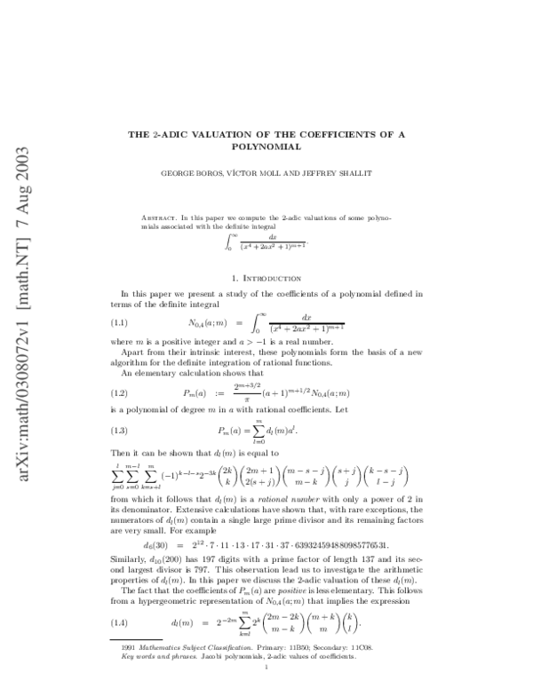 (PDF) The 2-adic valuation of the coefficients of a polynomial