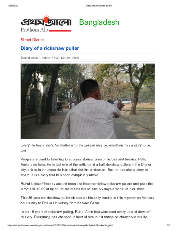 (PDF) Diary of a rickshaw puller: Evolution of rickshaw in Bangladesh